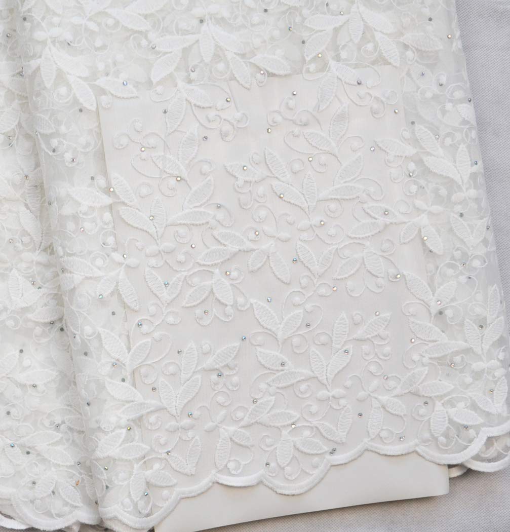 SanVera17 Glitter Stone African Lace Net Milk Silk Fabrics Nigerian Fabric Embroidered and Guipure Cord Lace for Party Wedding (White) 5 Yards