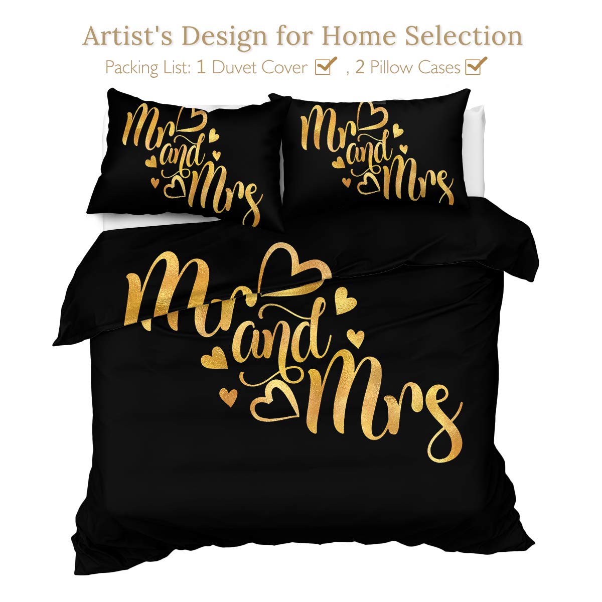 Sleepwish Mr and Mrs Bedding Set King Bedroom Comforter Cover Sets for Couples 3 Piece Black Love and Gold Duvet Cover Cute Bedspreads Romantic Valentines Gift Sets (King)