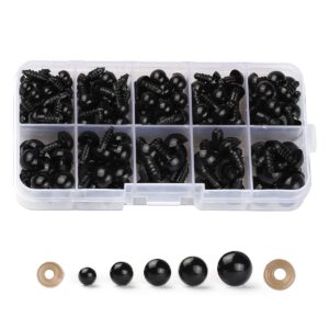 100pcs 6mm-12mm solid black eyes with washers, sewing for diy of puppet, plush animal making and teddy bear