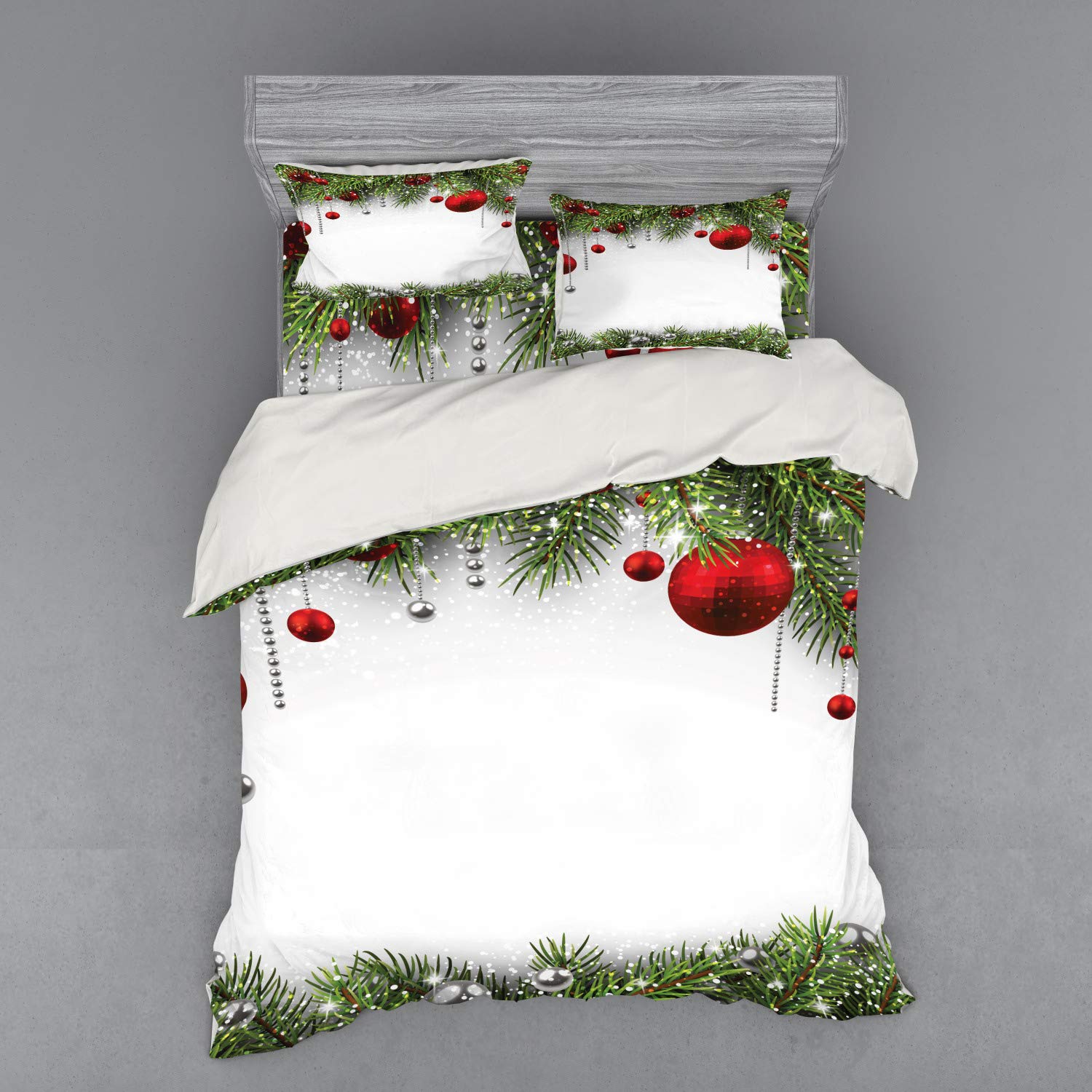 Ambesonne Christmas Bedding Set, Noel Time Backdrop with Fir Pine Leaves Celebration Ball Classic Seasonal Design, 4 Piece Duvet Cover Set with Shams and Fitted Sheet, Queen Size, Multicolor