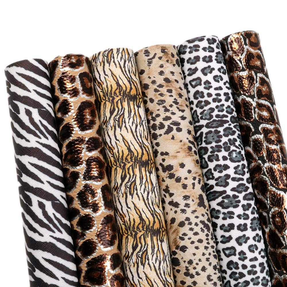 David accessories Metallic Leopard Zebra Pattern Printed Faux Leather Fabric Sheets 6 Pcs 7.7" x 12.9" (20 cm x 33 cm) Include 2 Kinds of Leather Fabric for DIY Bows Earrings (Leopard Printed Set)