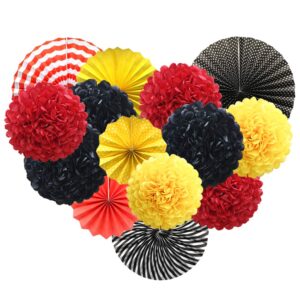 red yellow black hanging paper party decorations, round paper fans set paper pom poms flowers for mickey mouse theme firetruck birthday wedding graduation baby shower