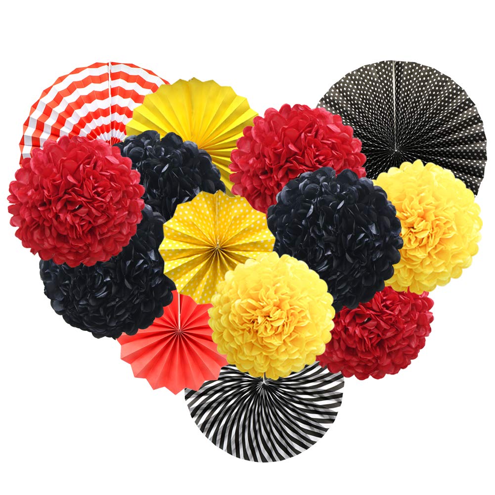 Red Yellow Black Hanging Paper Party Decorations, Round Paper Fans Set Paper Pom Poms Flowers for Mickey Mouse Theme Firetruck Birthday Wedding Graduation Baby Shower