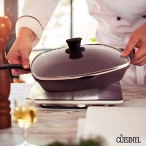 Cuisinel Cast Iron Square Grill Pan + Glass Lid + Pan Scraper + Handle Cover - 10.5" Pre-Seasoned Ridged Skillet - Grill, Stovetop, Fire, Indoor/Outdoor Use - for Grilling, Frying, Sauteing