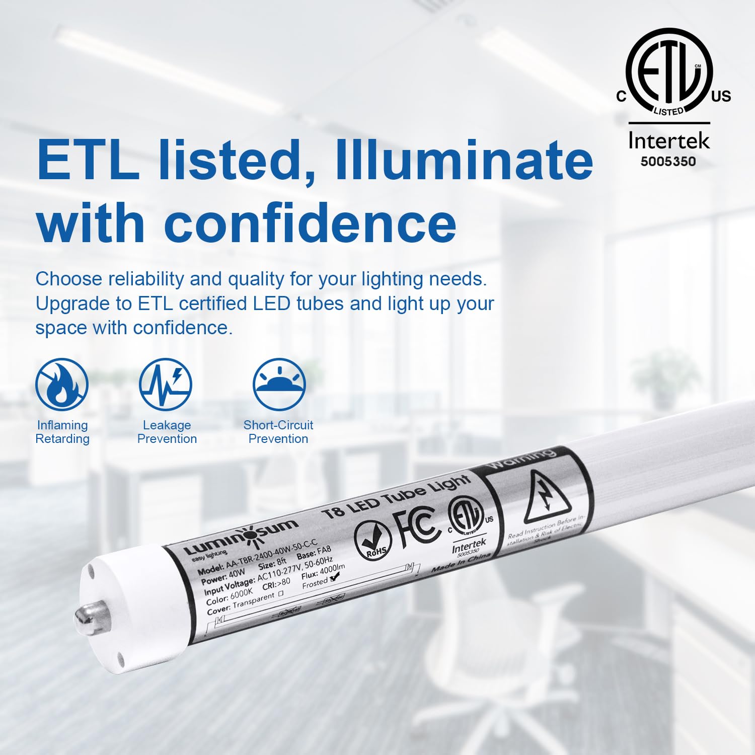 LUMINOSUM T8/T10/T12 LED Tube Light 8 Foot 40W, 80W Equivalent, Single Pin FA8 Base, Dual-End Power Ballast Bypass, Frosted Cover, Daylight 5000k, ETL Certified, 20-Pack