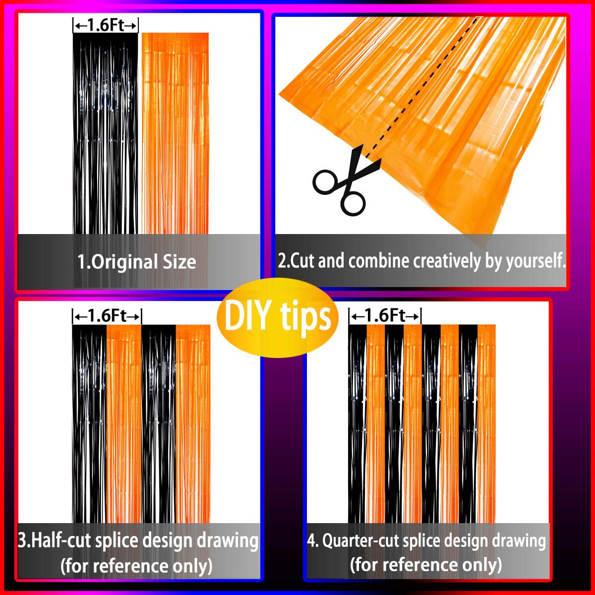 Black Orange Party Tinsel Foil Fringe Curtains - Halloween Construction 1st Birthday Baby Shower Graduation Wedding Party Streamers Photo Booth Props Backdrops Decorations