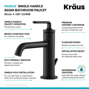 KRAUS Ramus Single Handle Bathroom Sink Faucet with Lift Rod Drain in Matte Black, KBF-1221MB