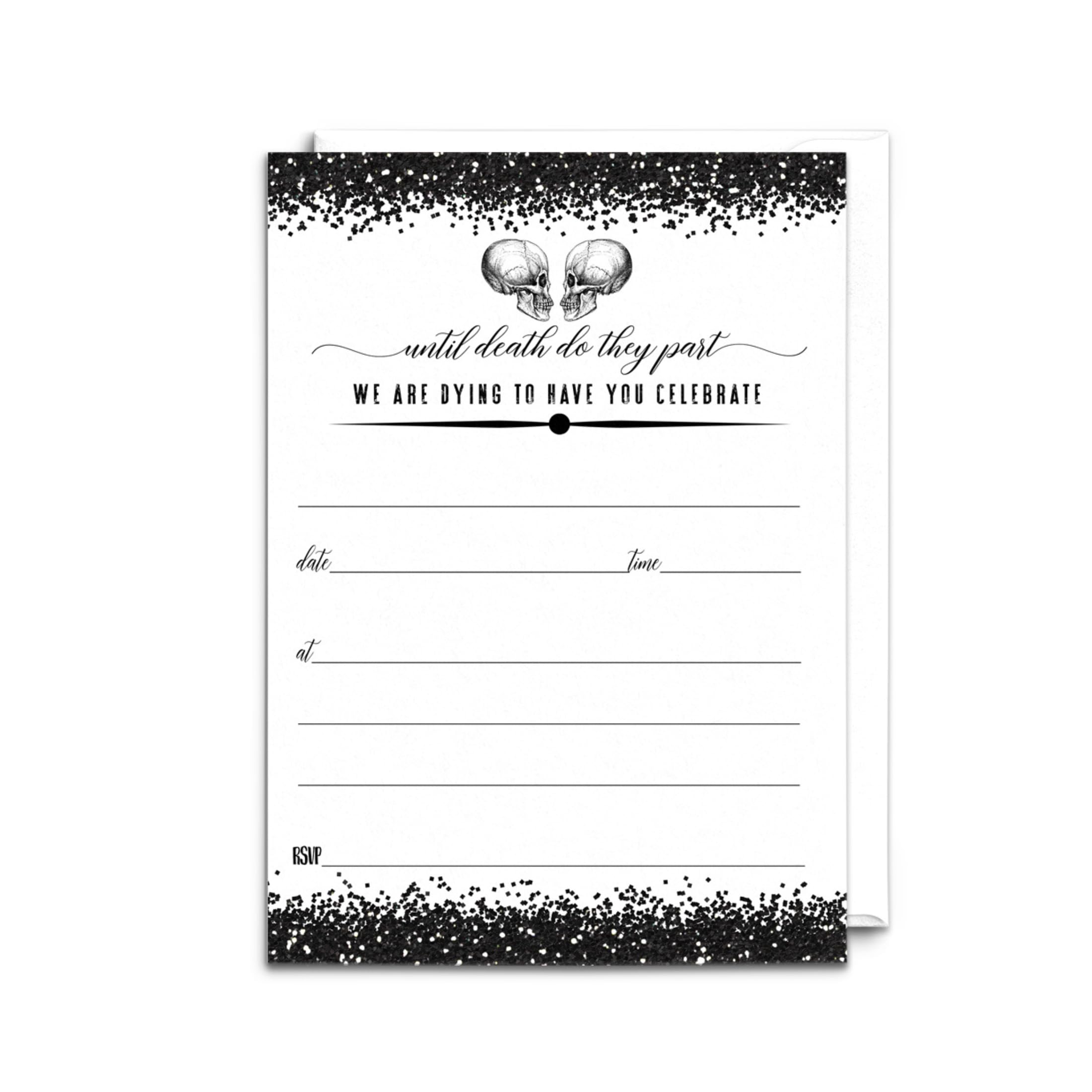 Paper Clever Party Glam Skull Halloween Invitations with Envelopes (25 Pack) - Halloween Wedding, Until Death Bridal Shower - Gothic Black & White 5x7 Blank Cards