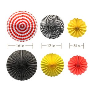 Red Yellow Black Hanging Paper Party Decorations, Round Paper Fans Set Paper Pom Poms Flowers for Mickey Mouse Theme Firetruck Birthday Wedding Graduation Baby Shower