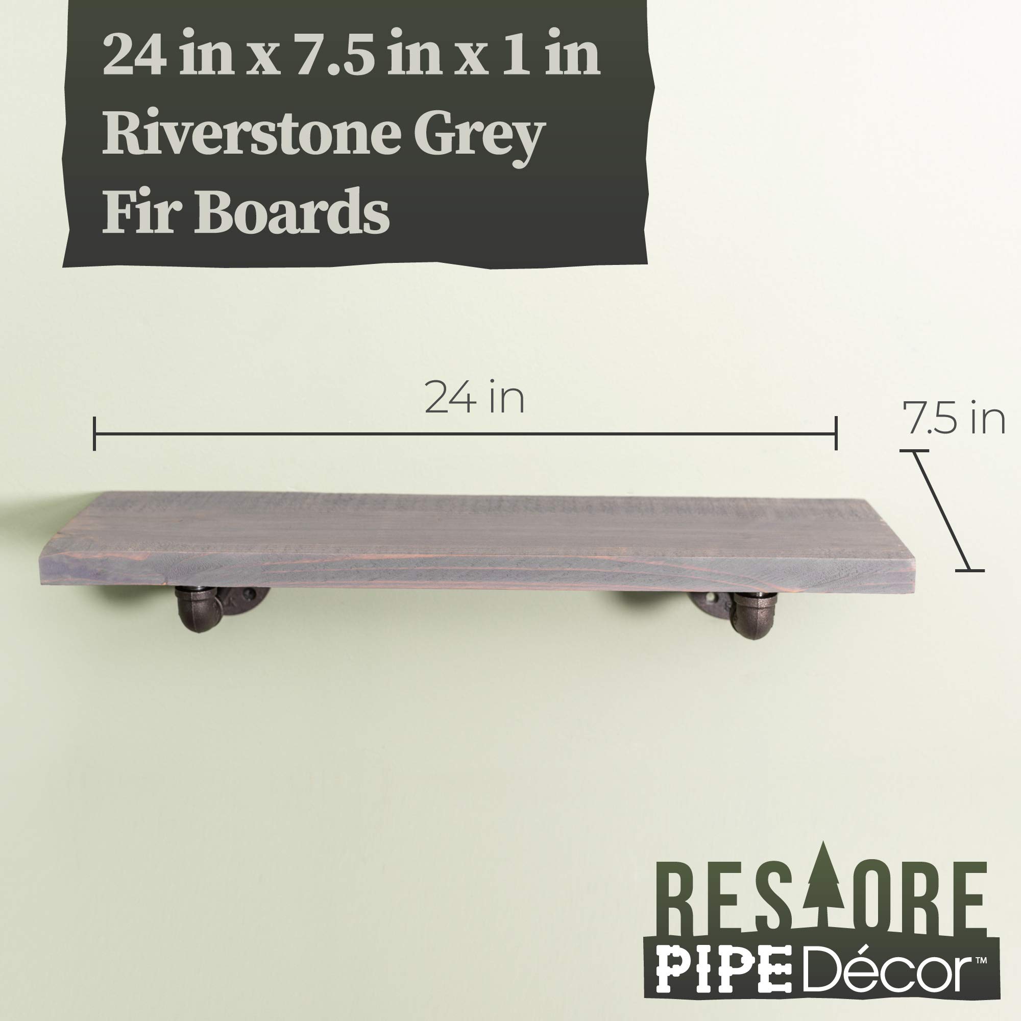 Industrial Pipe Wooden Shelves Restore by Pipe DÉCOR Premium Douglas Fir Wood Shelving 24-in Length Set of 2 Boards and 4 L Brackets Riverstone Grey Finish