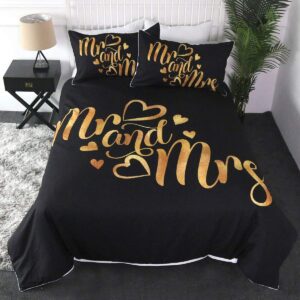 sleepwish mr and mrs bedding set king bedroom comforter cover sets for couples 3 piece black love and gold duvet cover cute bedspreads romantic valentines gift sets (king)