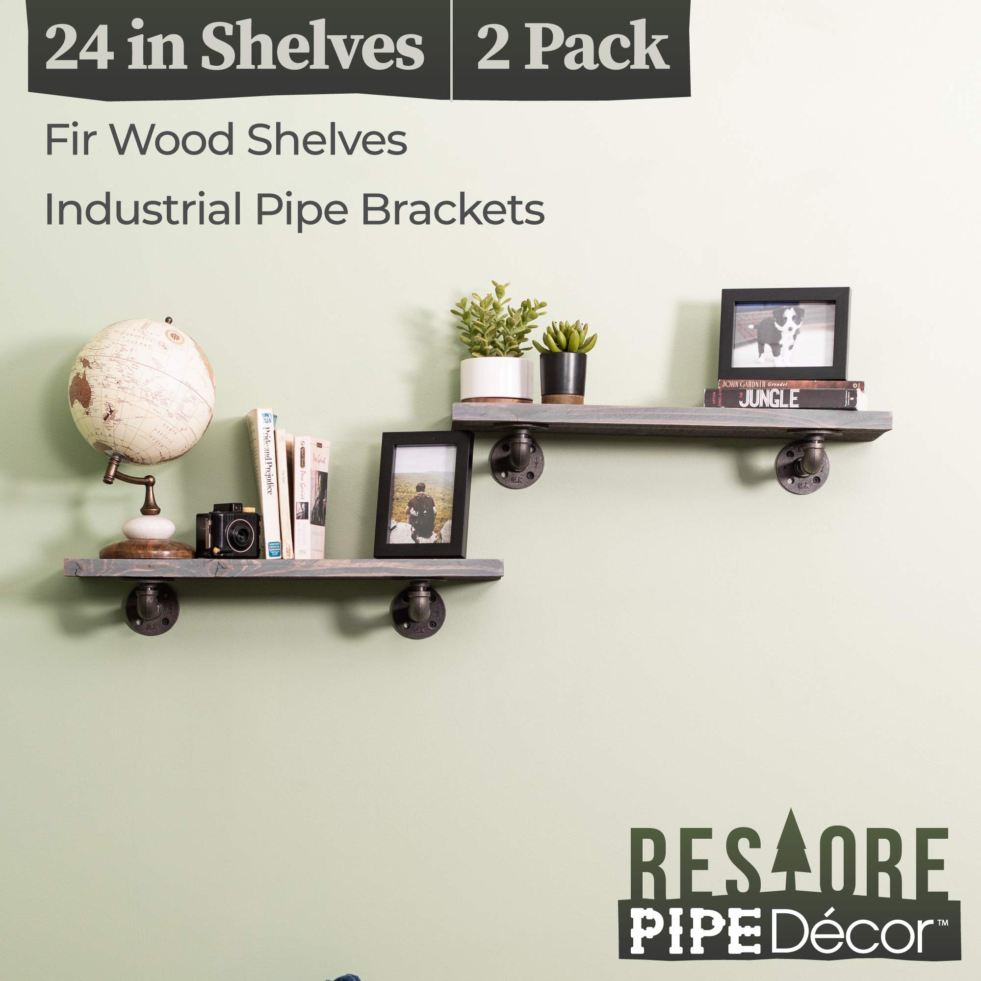 Industrial Pipe Wooden Shelves Restore by Pipe DÉCOR Premium Douglas Fir Wood Shelving 24-in Length Set of 2 Boards and 4 L Brackets Riverstone Grey Finish