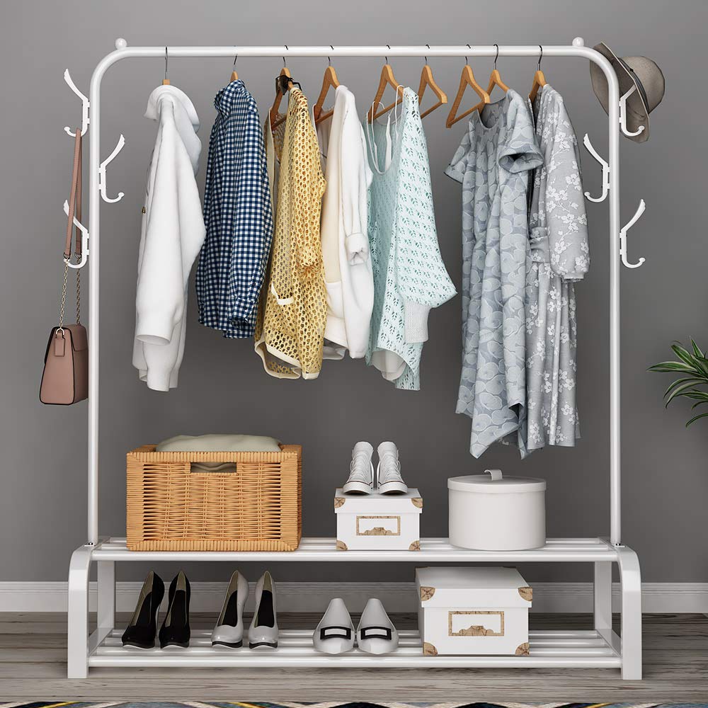 UDEAR Garment Rack Free-standing Clothes Rack with Top Rod,Lower Storage and 6 Hooks, White