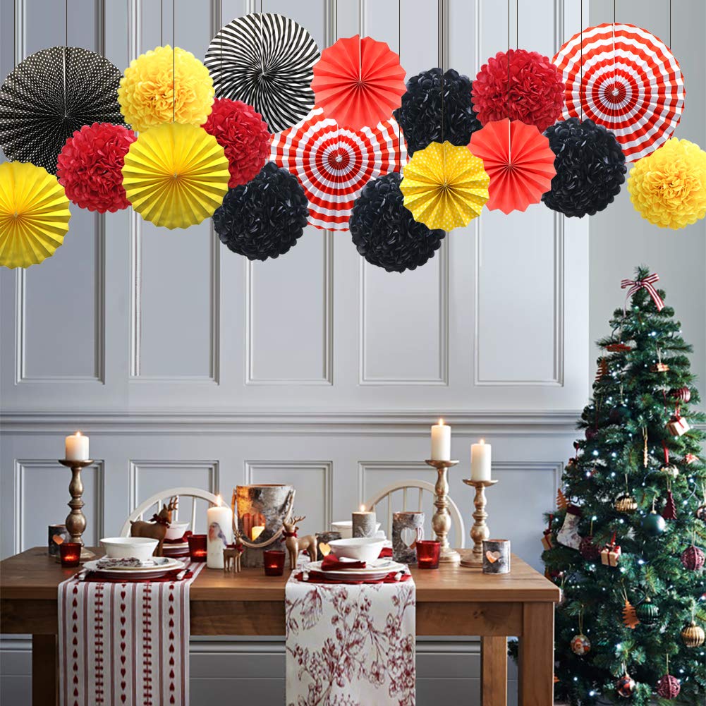 Red Yellow Black Hanging Paper Party Decorations, Round Paper Fans Set Paper Pom Poms Flowers for Mickey Mouse Theme Firetruck Birthday Wedding Graduation Baby Shower