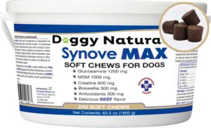 synove max soft chews for dogs (240 count) beef flavor, joint supplement, glucosamine, turmeric, boswelllia serrata, creatine naturally derived ingredients better than synovi g4 soft chew