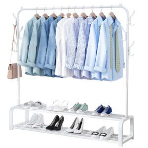 udear garment rack free-standing clothes rack with top rod,lower storage and 6 hooks, white