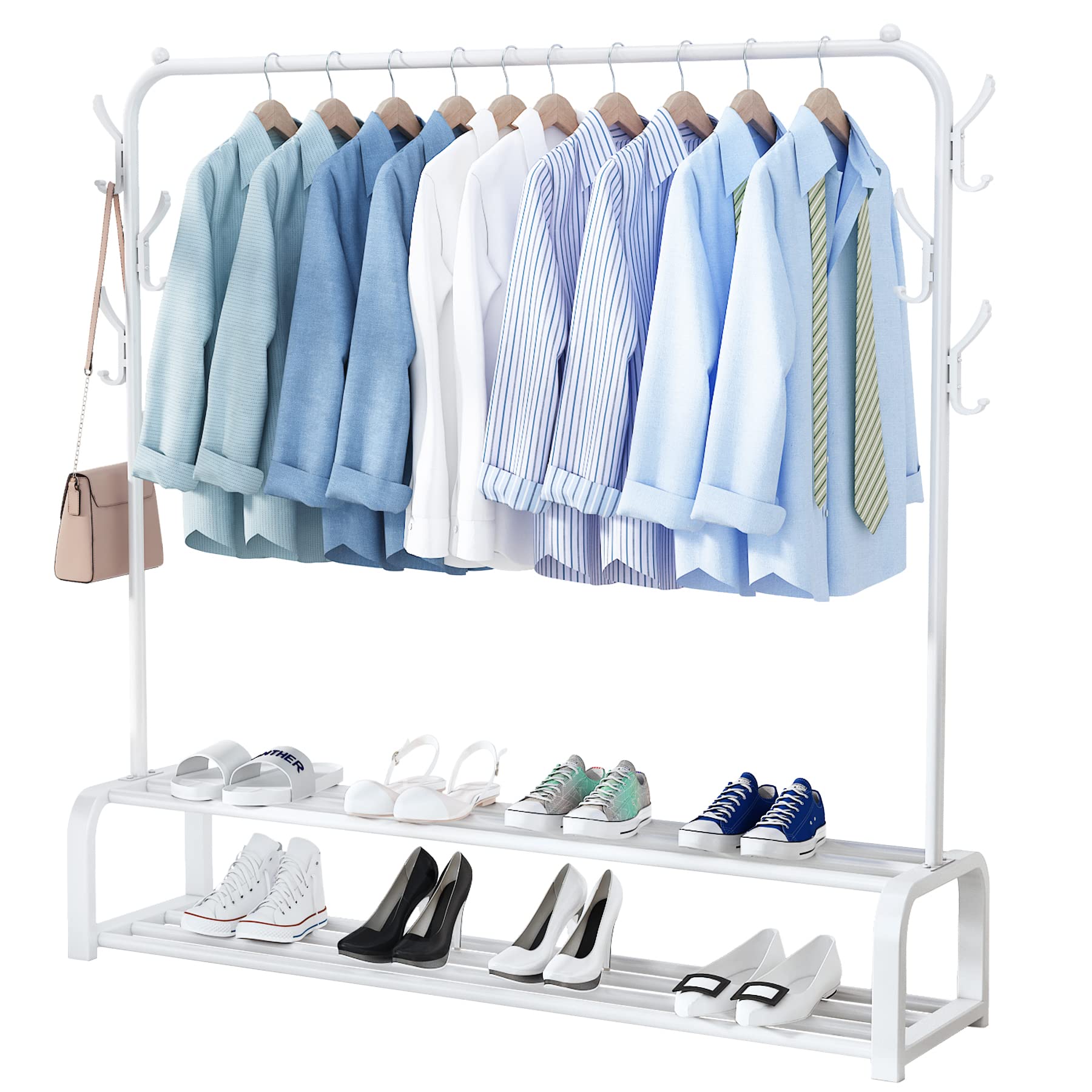 UDEAR Garment Rack Free-standing Clothes Rack with Top Rod,Lower Storage and 6 Hooks, White