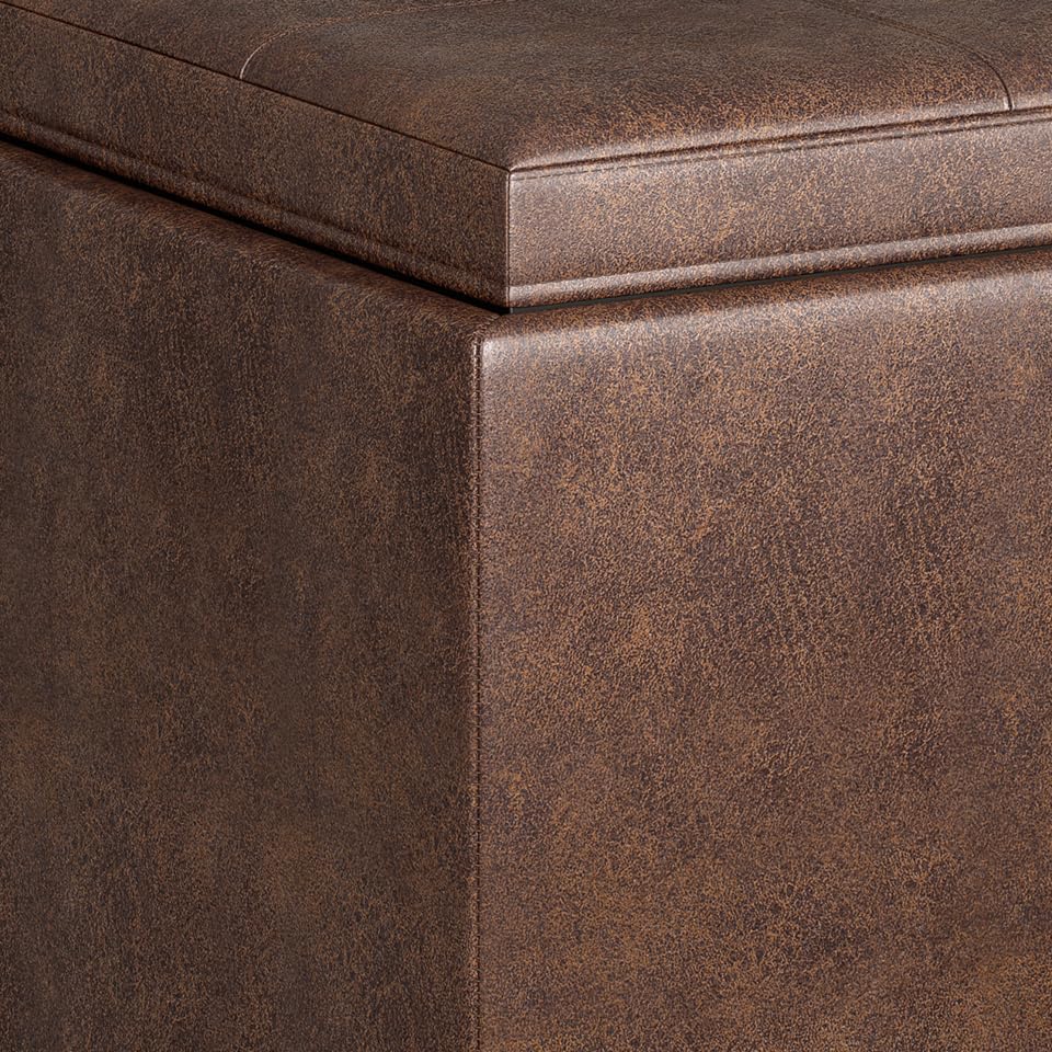 SIMPLIHOME Avalon 35 inch Wide Contemporary Rectangle 5 Pc Storage Ottoman in Distressed Chestnut Brown Vegan Faux Leather, Assembled, For the Living Room, Entryway and Family Room