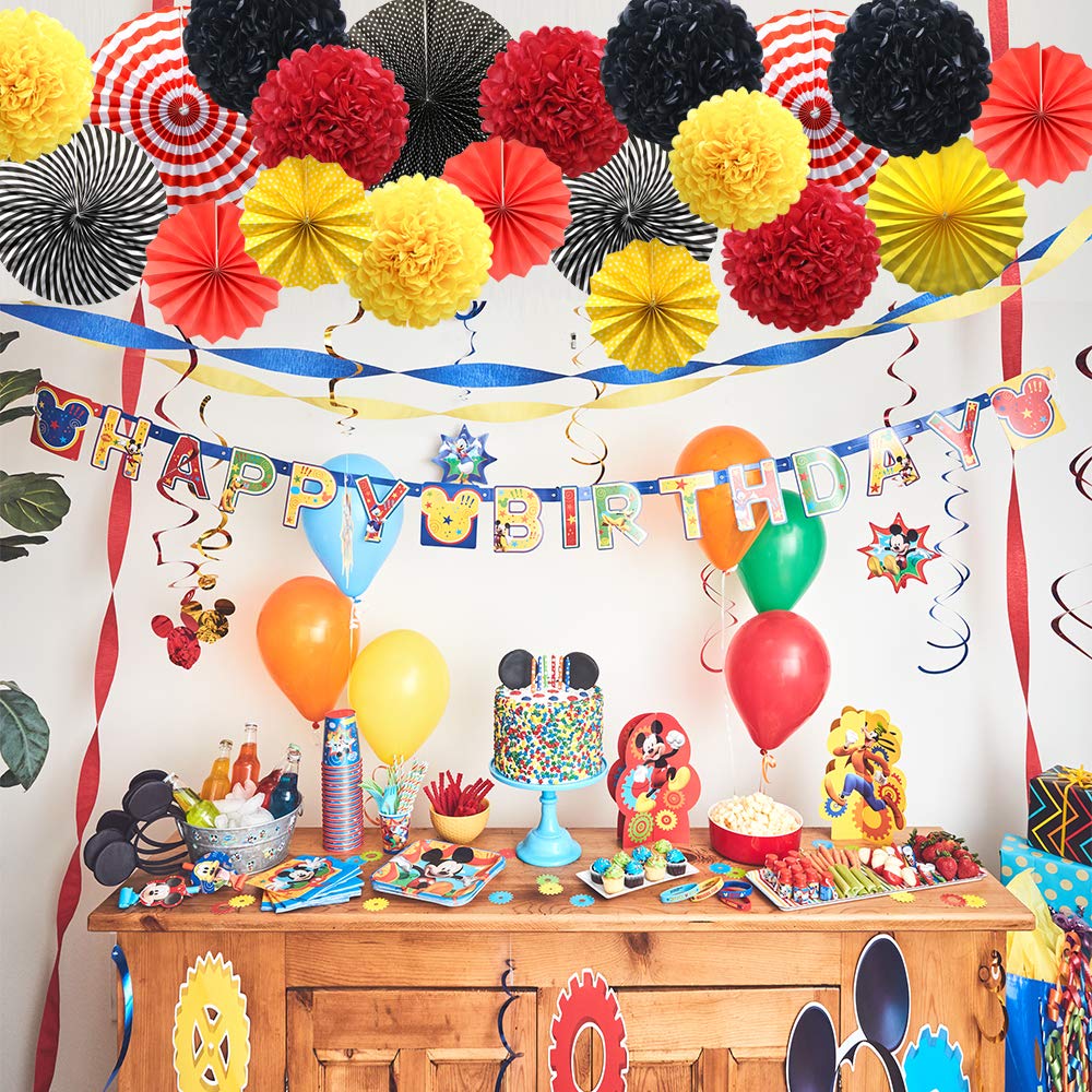 Red Yellow Black Hanging Paper Party Decorations, Round Paper Fans Set Paper Pom Poms Flowers for Mickey Mouse Theme Firetruck Birthday Wedding Graduation Baby Shower