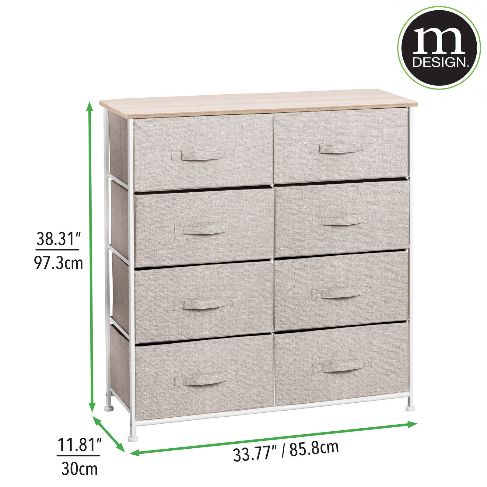 mDesign 38.31" High Steel Frame/Wood Top Storage Dresser Furniture Unit with 8 Removable Fabric Drawers - Large Bureau Organizer for Bedroom, Living Room, or Closet - Lido Collection, Linen/Tan