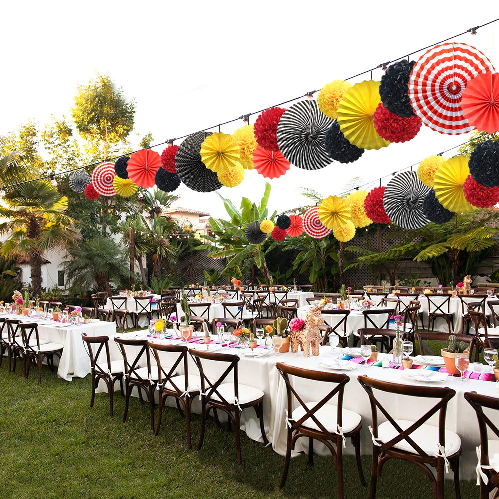 Red Yellow Black Hanging Paper Party Decorations, Round Paper Fans Set Paper Pom Poms Flowers for Mickey Mouse Theme Firetruck Birthday Wedding Graduation Baby Shower