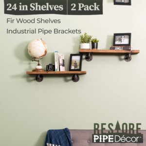 Industrial Pipe Wooden Shelves Restore by Pipe DÉCOR Premium Douglas Fir Wood Shelving 24 Inch Length Set of 2 Boards and 4 L Brackets Autumn Brown Finish