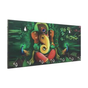 eCraftIndia Lord Ganesha with Peacocks Design Wooden Key Holder with 7 Hooks for Wall Decor and Organization - Ideal for Home, Kitchen, Hallway, Bedroom, Living Room, Office - Housewarming Gift