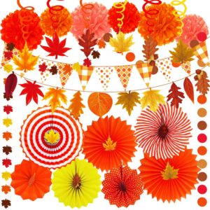 supla 40 pack fall party decorations set – includes autumn hanging paper fans pom poms fall maple leaves party swirls streamers fall banner backdrop garland string for thanksgiving wedding birthday