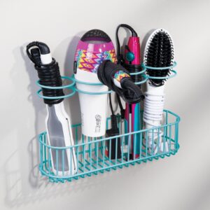 mDesign Metal Wire Cabinet/Wall Mount Hair Care & Styling Tool Organizer - Bathroom Storage Basket for Hair Dryer, Flat Iron, Curling Wand, Hair Straightener, Brushes - Holds Hot Tools - Teal/Blue