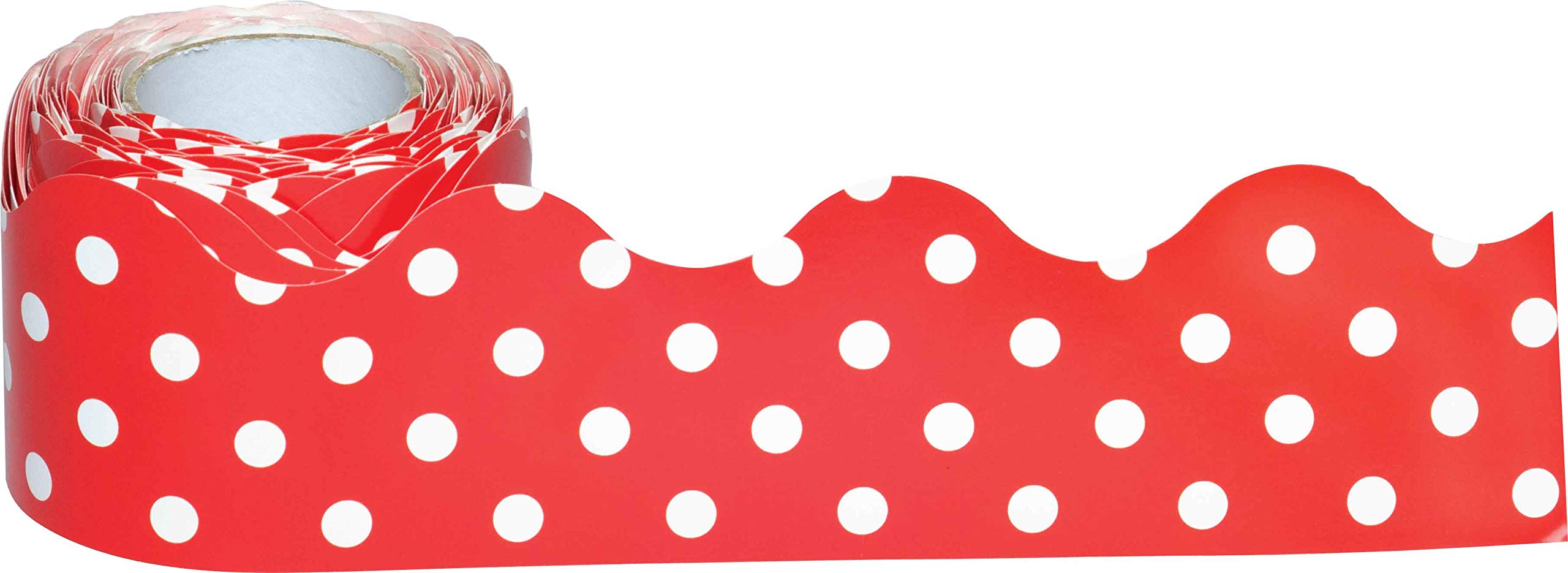 Teacher Created Resources Red Polka Dots Scalloped Rolled Border Trim - 50ft - Decorate Bulletin Boards, Walls, Desks, Windows, Doors, Lockers, Schools, Classrooms, Homeschool & Offices