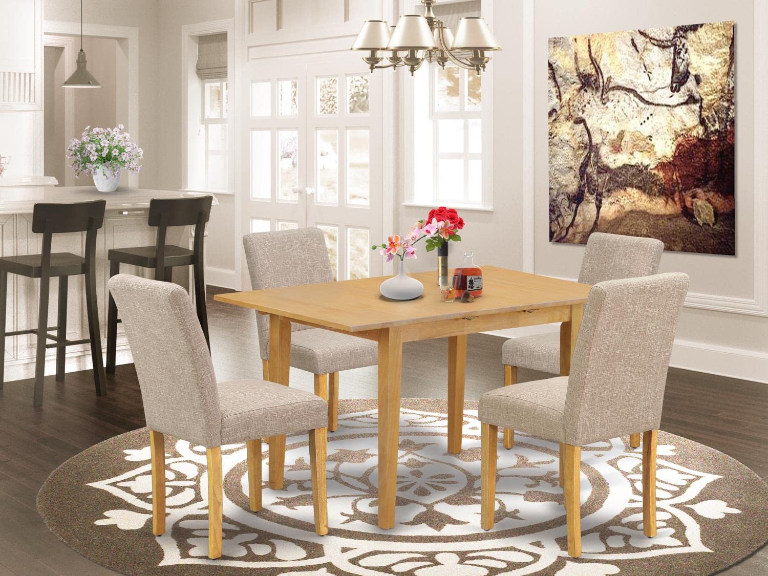 East West Furniture NOAB5-OAK-04 5 Piece Dining Set Includes a Rectangle Dining Room Table with Butterfly Leaf and 4 Light Tan Linen Fabric Upholstered Chairs, 32x54 Inch, Oak