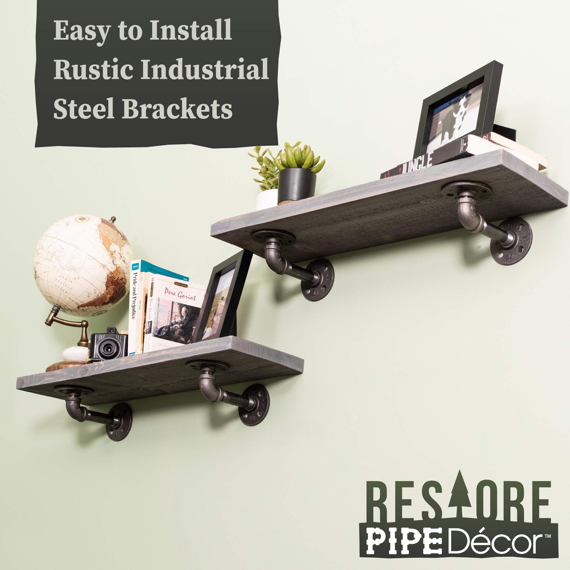 Industrial Pipe Wooden Shelves Restore by Pipe DÉCOR Premium Douglas Fir Wood Shelving 24-in Length Set of 2 Boards and 4 L Brackets Riverstone Grey Finish