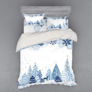 ambesonne winter bedding set, winter scene with deer frozen trees and snow christmas season pine trees bushes, 4 piece duvet cover set with shams and fitted sheet, queen size, blue white