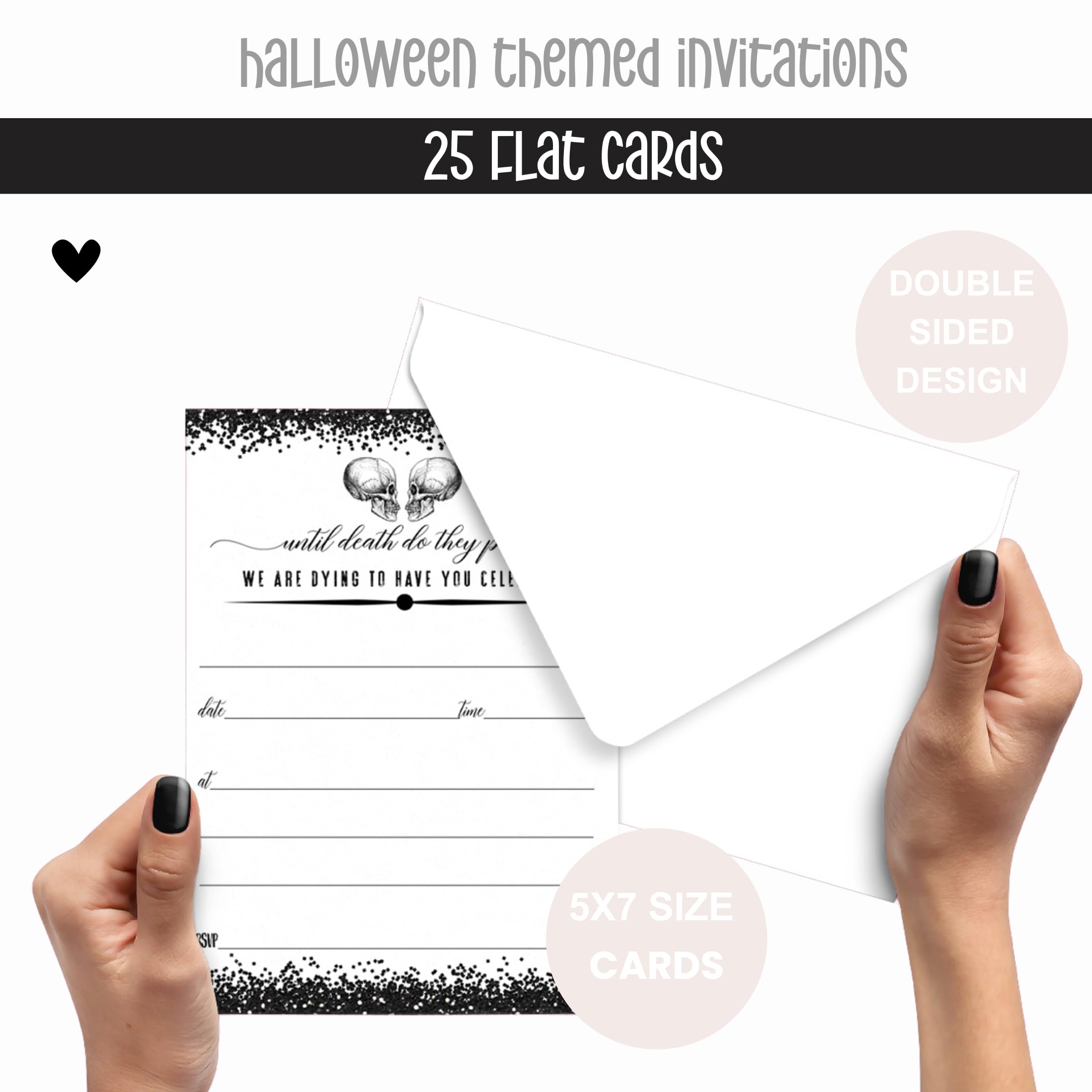 Paper Clever Party Glam Skull Halloween Invitations with Envelopes (25 Pack) - Halloween Wedding, Until Death Bridal Shower - Gothic Black & White 5x7 Blank Cards