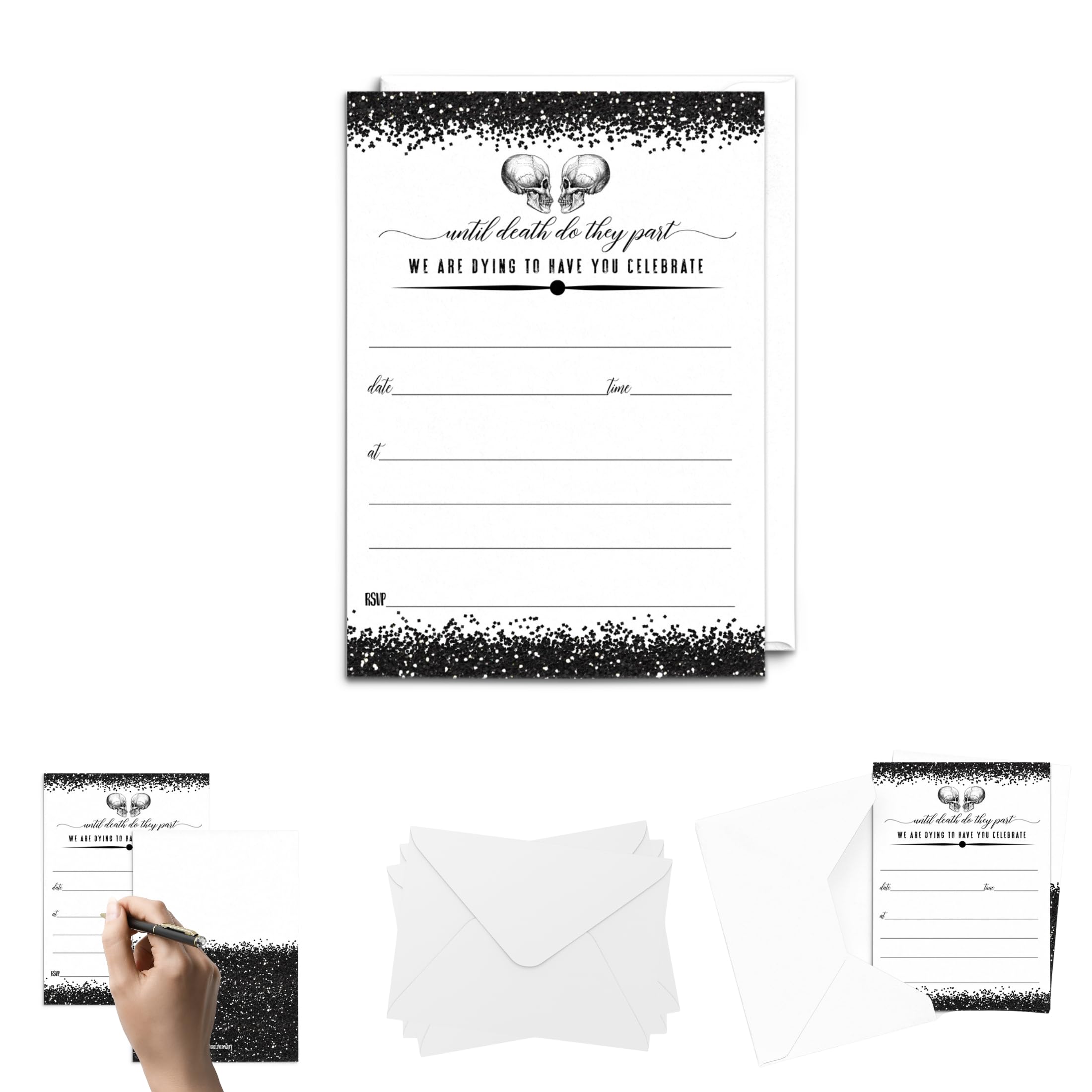 Paper Clever Party Glam Skull Halloween Invitations with Envelopes (25 Pack) - Halloween Wedding, Until Death Bridal Shower - Gothic Black & White 5x7 Blank Cards