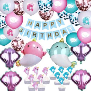 narwhal birthday party supplies kit, narwhal theme birthday decorations include narwhal ballons, narwhal theme cupcake topper and blue birthday banner set for kids ocean theme birthday party