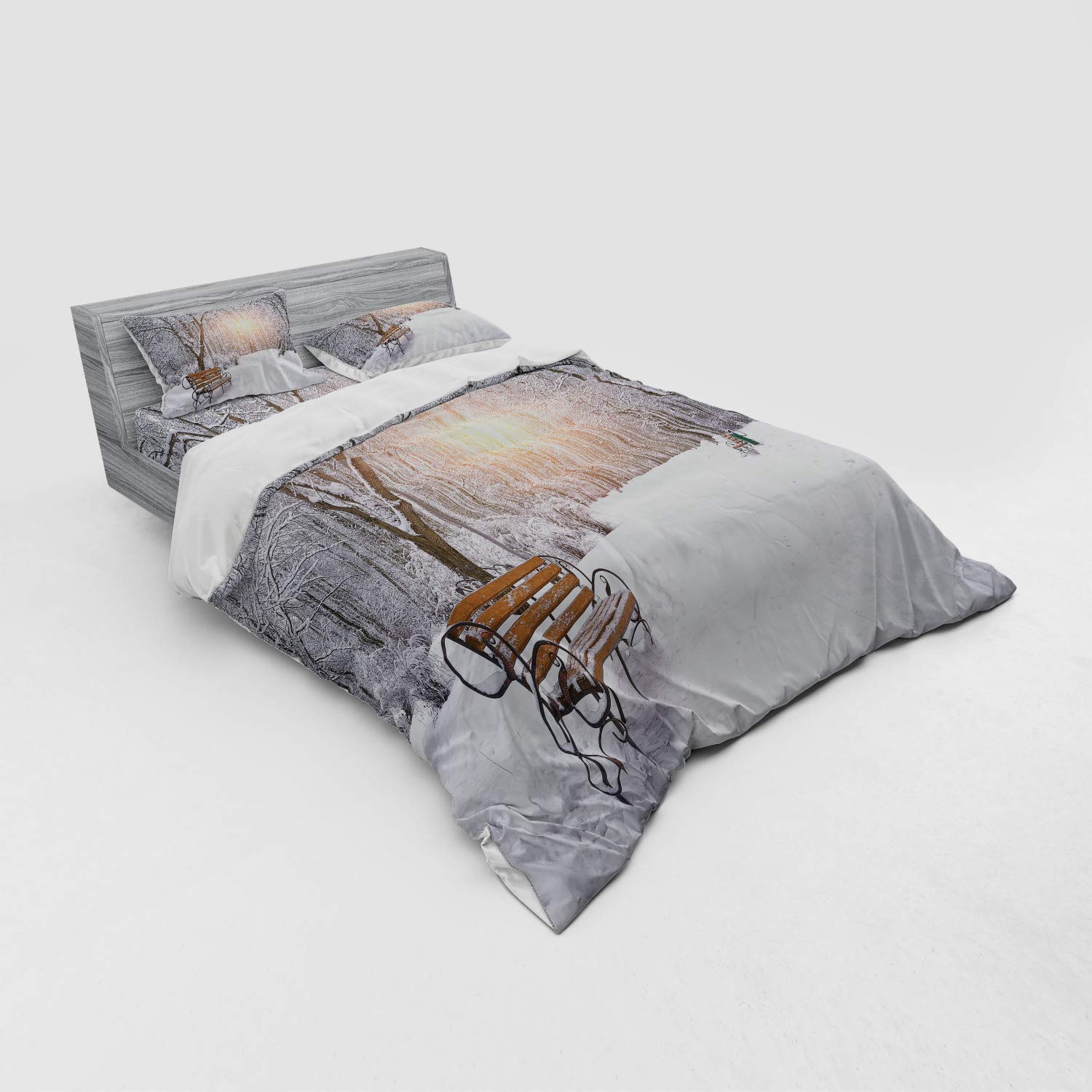 Ambesonne Winter Duvet Cover Set, Snowy Leafless Trees and Benches in The City Park Sunset Woodland Outdoors, 4 Piece Bedding Set with Shams and Fitted Sheet, Queen Size, Umber White Orange