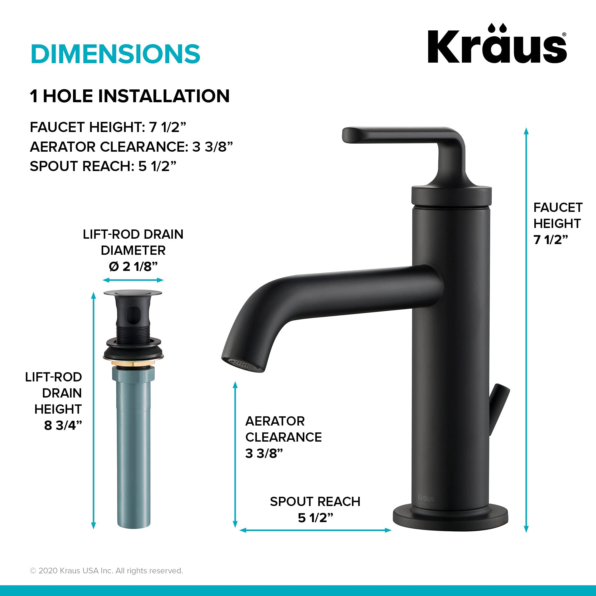 KRAUS Ramus Single Handle Bathroom Sink Faucet with Lift Rod Drain in Matte Black, KBF-1221MB