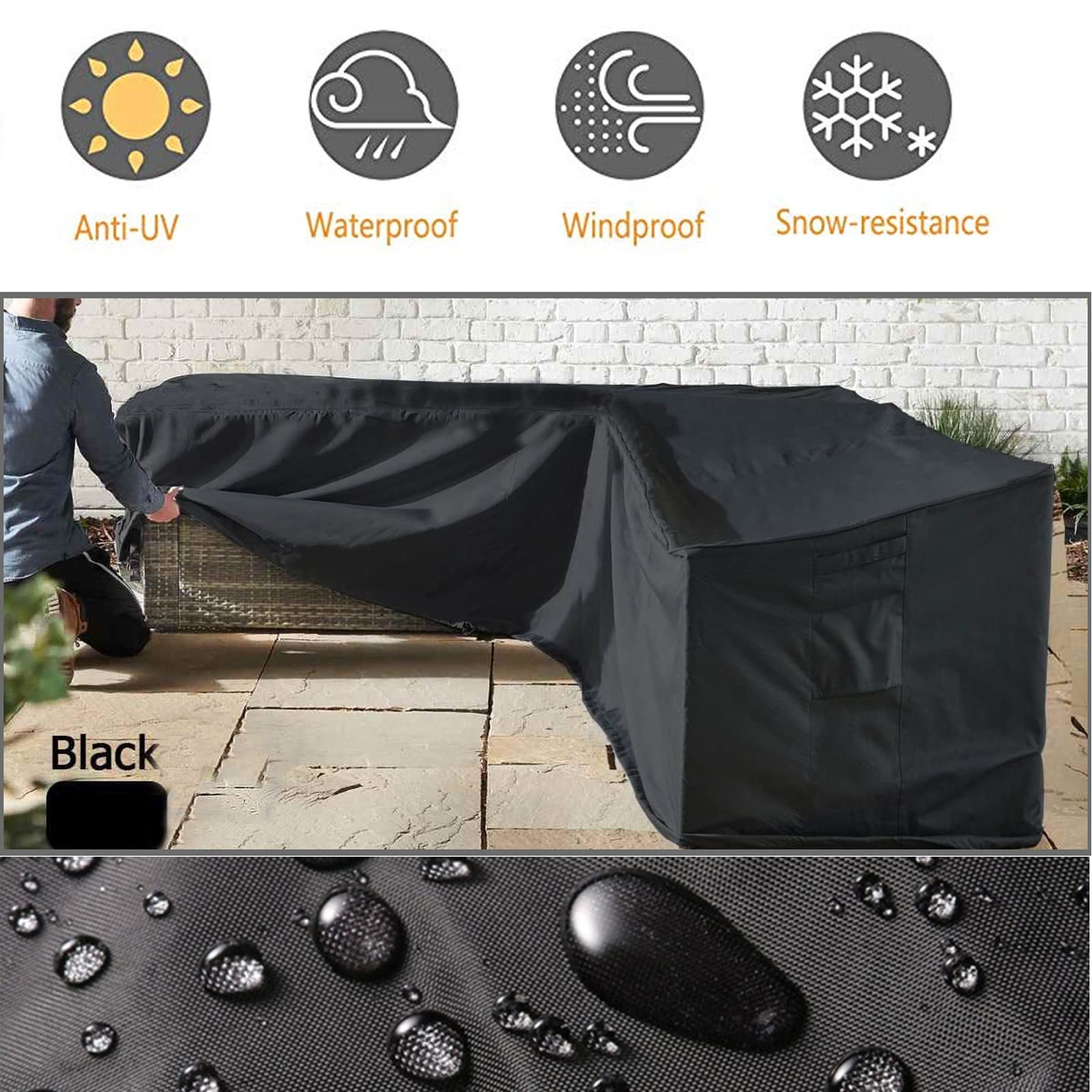 Linkool Outdoor Furniture Covers Patio Sectional Couch Protector Waterproof V Shaped Black Small Size 85x34x30H Inches