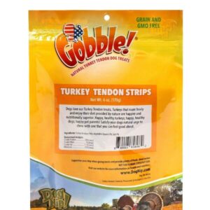 Gobble! 6-Inch Turkey Tendon Strips for Dogs, 6 oz. (170g) Reseal Value Bag, Made in USA, All-Natural Hypoallergenic Dog Chew Treat | Sourced, Processed & Packaged in The USA | (45-50 Pieces)