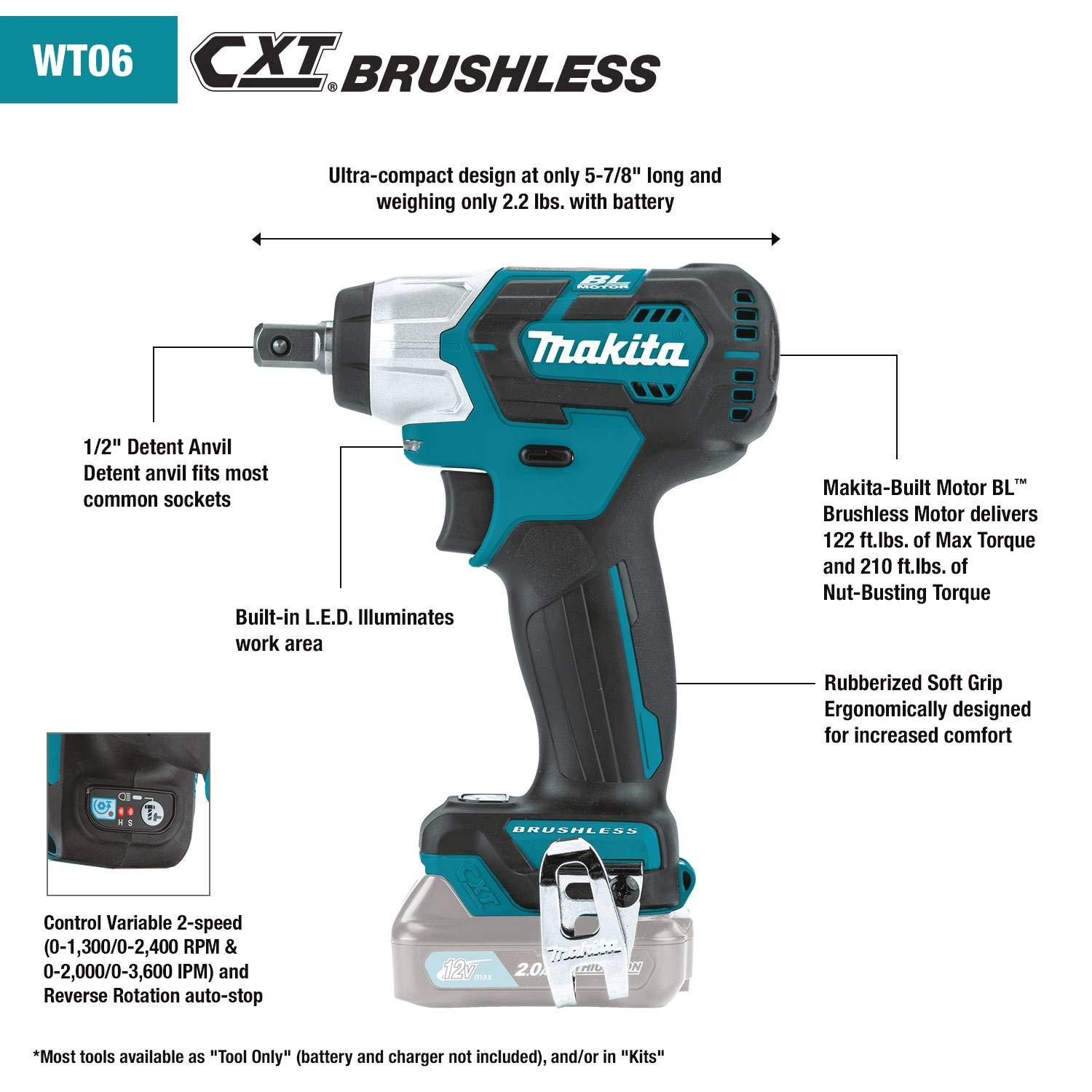 Makita WT06Z 12V max CXT® Lithium-Ion Brushless Cordless 1/2" Sq. Drive Impact Wrench, Tool Only