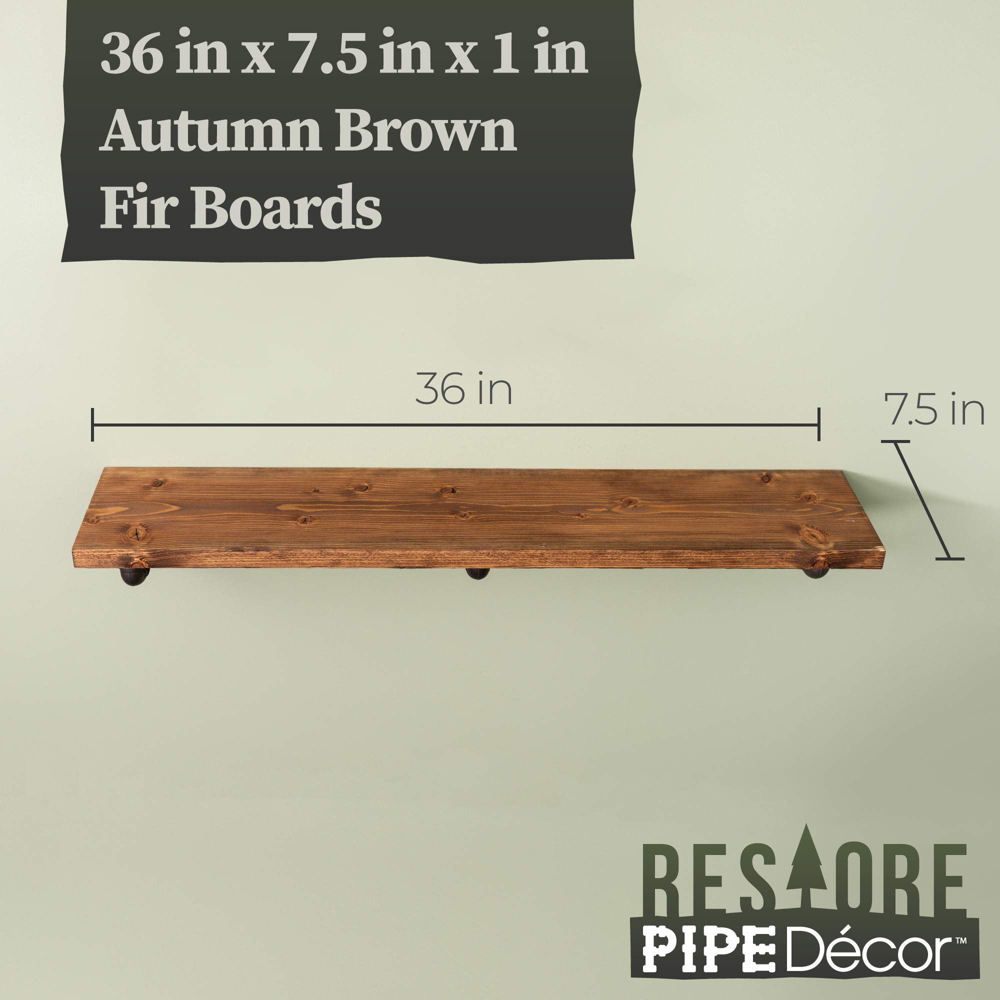 Industrial Pipe Wooden Shelves Restore by Pipe DÉCOR Premium Douglas Fir Wood Shelving 36 Inch Length Set of 2 Boards and 6 L Brackets Autumn Brown Finish