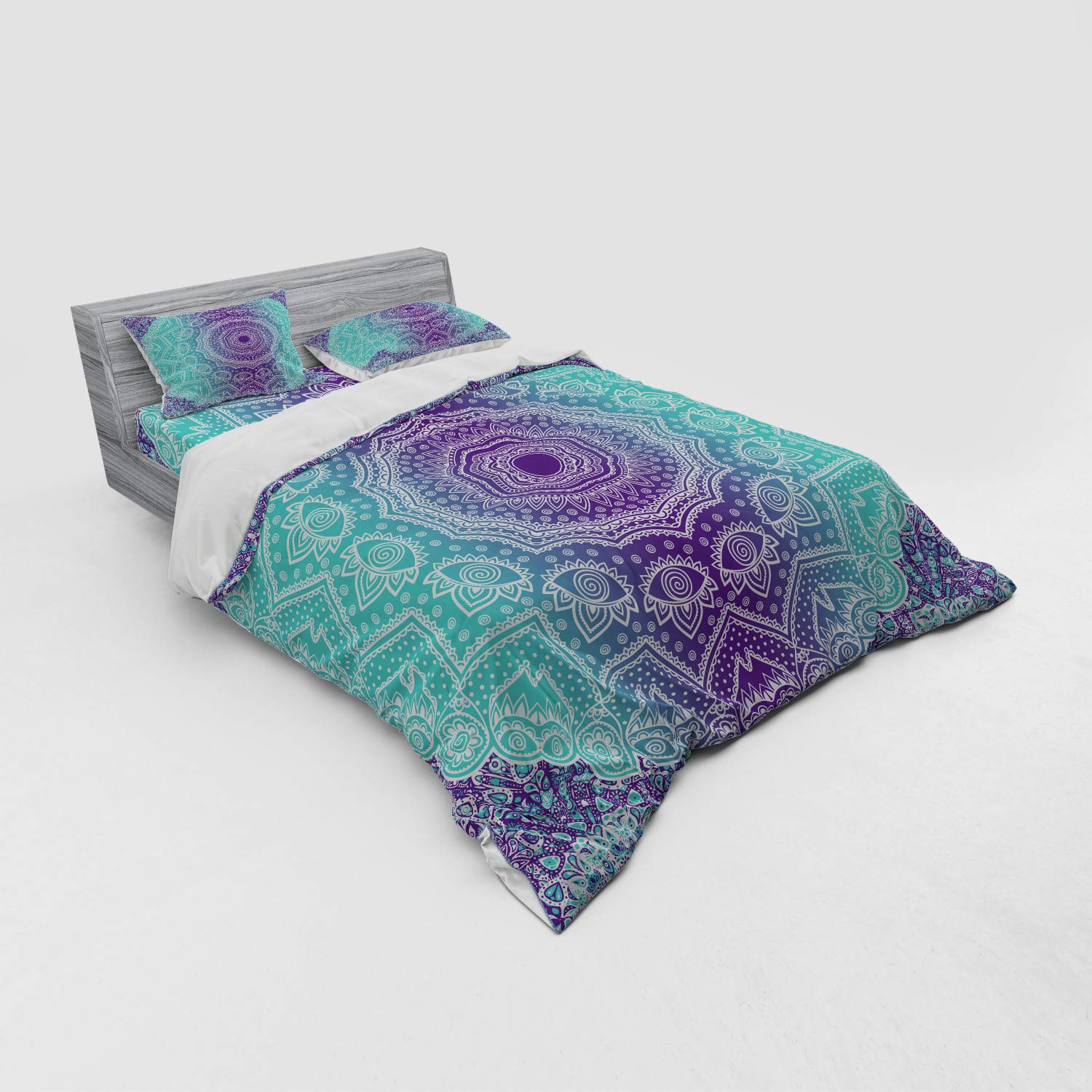 Ambesonne Purple and Turquoise Duvet Cover Set, Hippie Ombre Mandala Inner Peace and with Ornamental Art, 4 Piece Bedding Set with Shams and Fitted Sheet, Queen Size, Purple Aqua