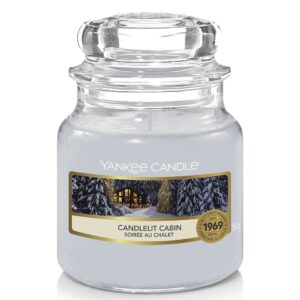 yankee candle small jar scented candle, candlelit cabin, alpine christmas collection, up to 30 hours burn time