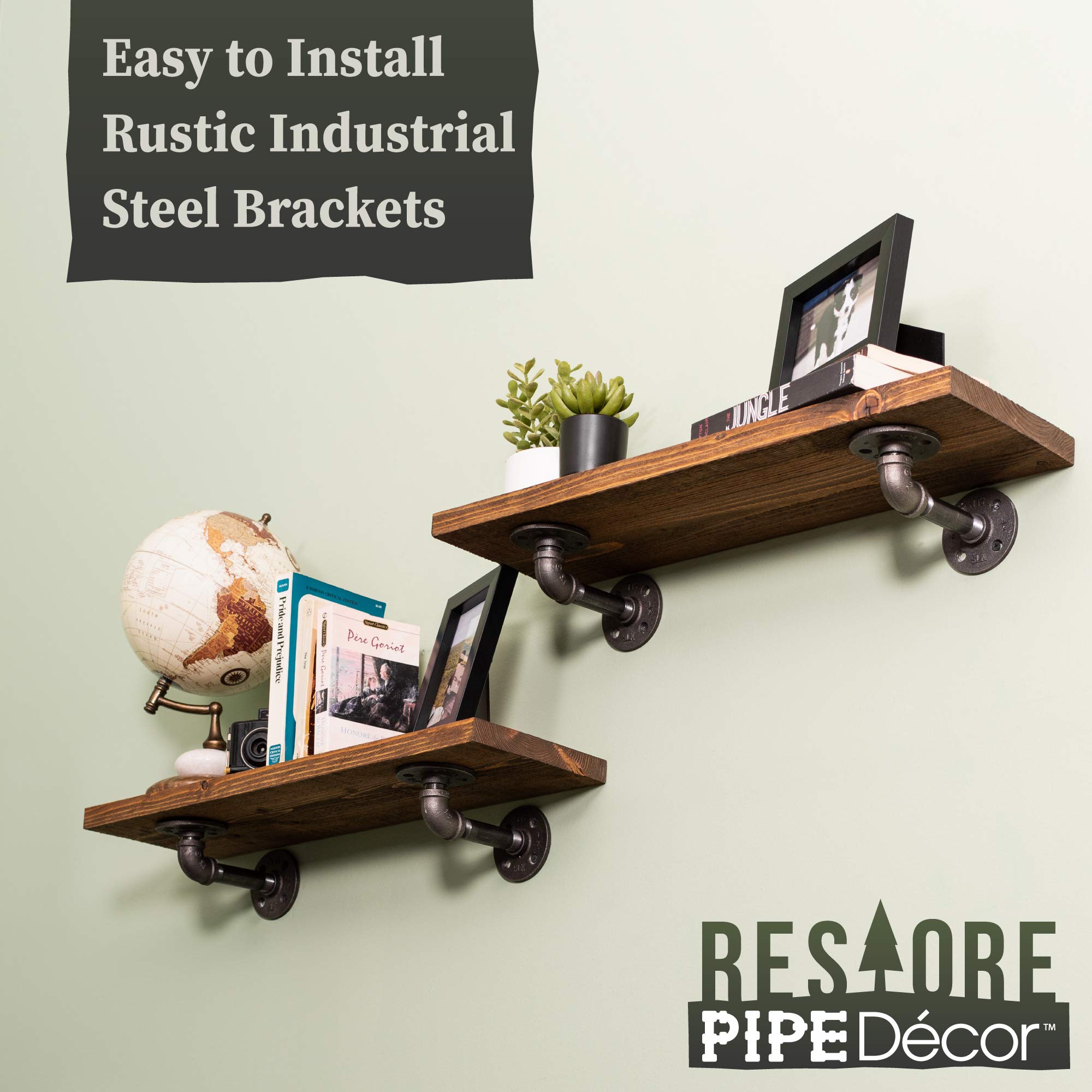 Industrial Pipe Wooden Shelves Restore by Pipe DÉCOR Premium Douglas Fir Wood Shelving 24 Inch Length Set of 2 Boards and 4 L Brackets Autumn Brown Finish