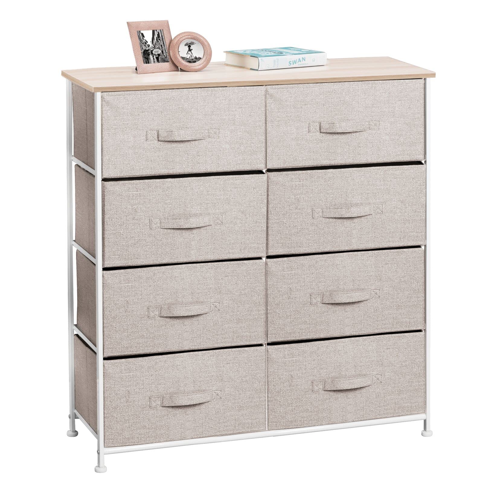 mDesign 38.31" High Steel Frame/Wood Top Storage Dresser Furniture Unit with 8 Removable Fabric Drawers - Large Bureau Organizer for Bedroom, Living Room, or Closet - Lido Collection, Linen/Tan