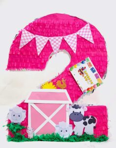 20" tall number two pinata barnyard theme hot pink color second birthday farm party supplies decorations farm house farm animals cow lam rooster