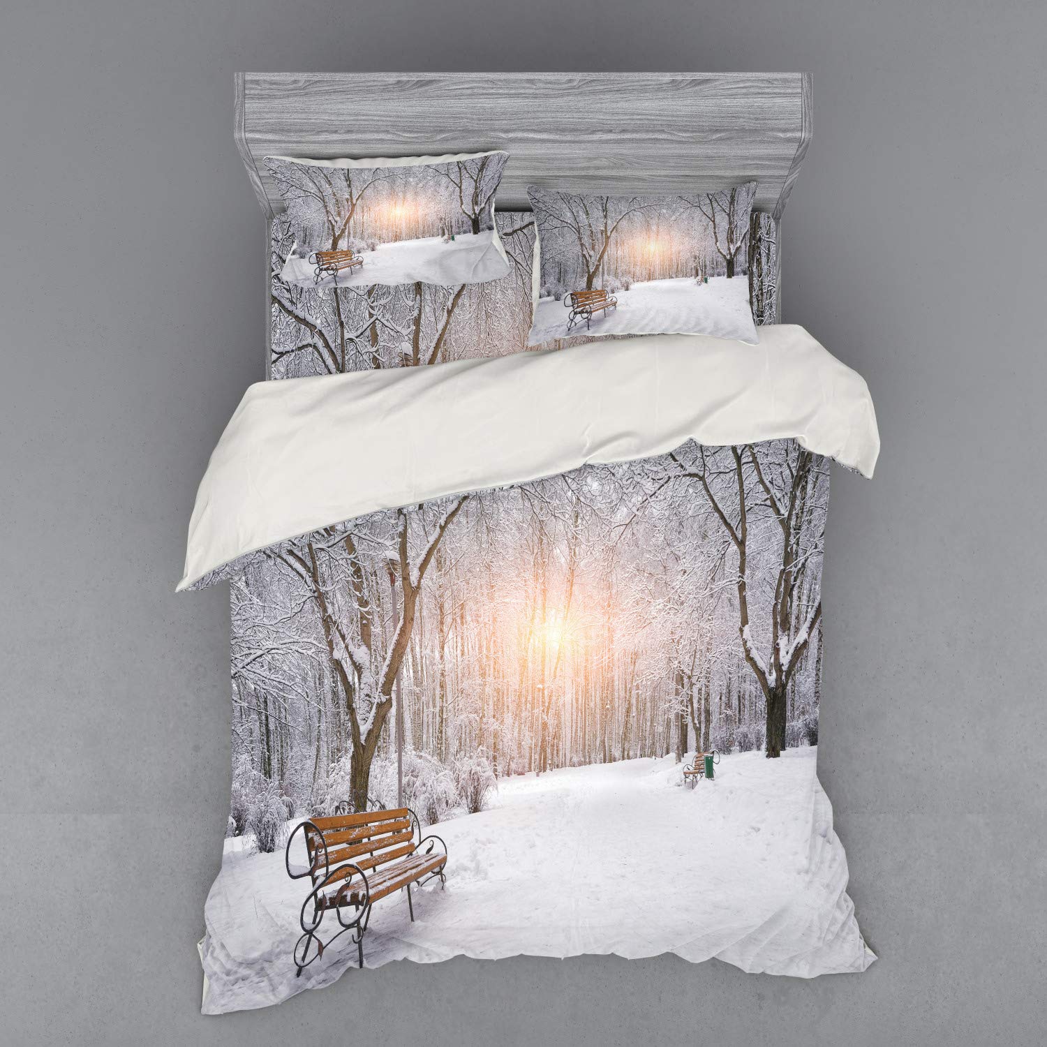 Ambesonne Winter Duvet Cover Set, Snowy Leafless Trees and Benches in The City Park Sunset Woodland Outdoors, 4 Piece Bedding Set with Shams and Fitted Sheet, Queen Size, Umber White Orange