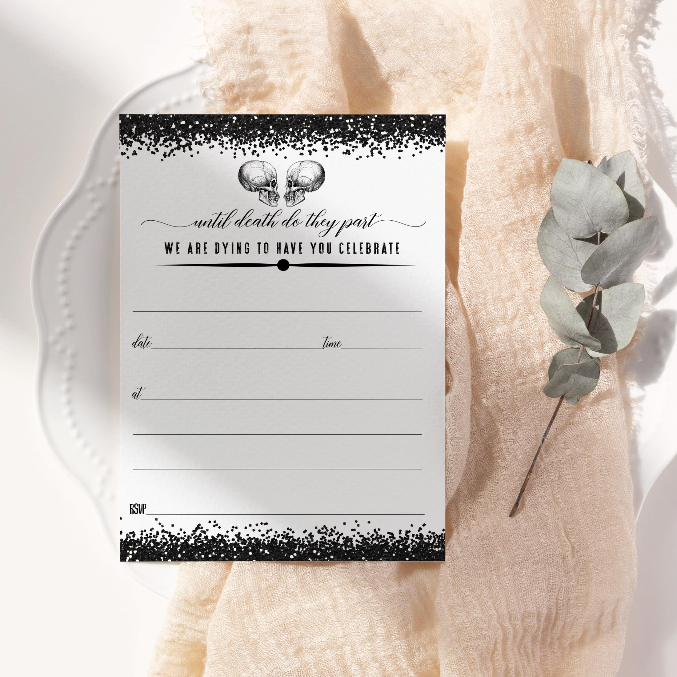 Paper Clever Party Glam Skull Halloween Invitations with Envelopes (25 Pack) - Halloween Wedding, Until Death Bridal Shower - Gothic Black & White 5x7 Blank Cards