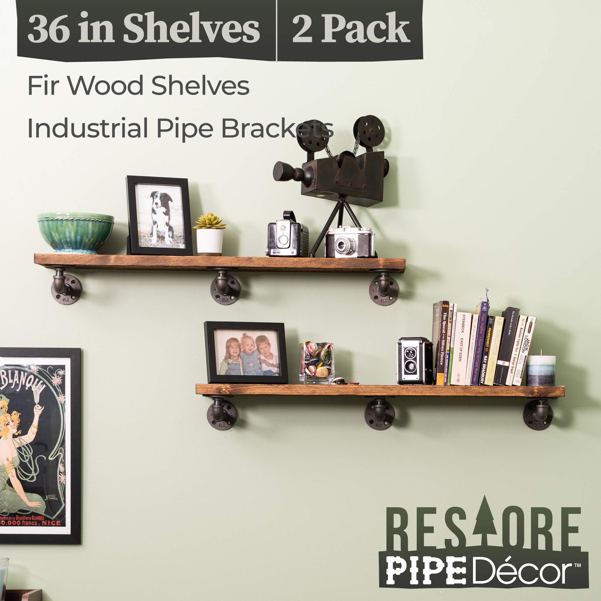 Industrial Pipe Wooden Shelves Restore by Pipe DÉCOR Premium Douglas Fir Wood Shelving 36 Inch Length Set of 2 Boards and 6 L Brackets Autumn Brown Finish